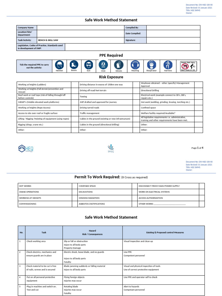 SWMS - Bench & Skill Saw - 2021 | PDF | Personal Protective Equipment | Workplace