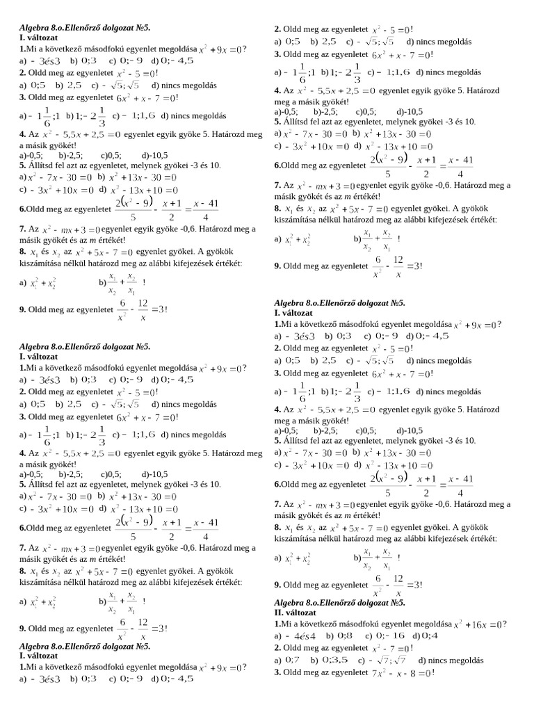 I. Változat 1. 2. 3. 2. 3.: Algebra 8.o.ellenőrző Dolgozat 5 | PDF