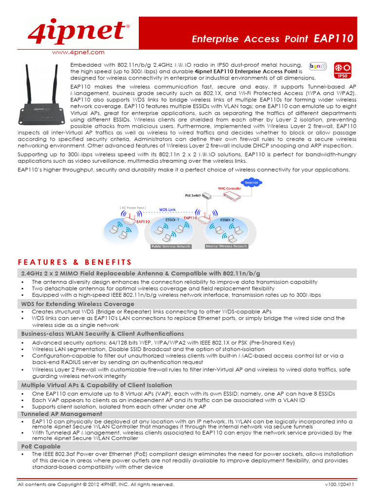 EAP110 Datasheet | PDF | Ieee 802.11 | Wireless Lan