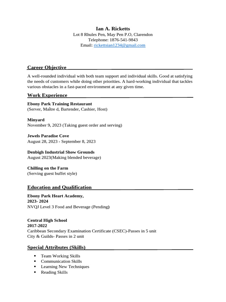 Ian Ricketts: Food & Beverage Resume | PDF