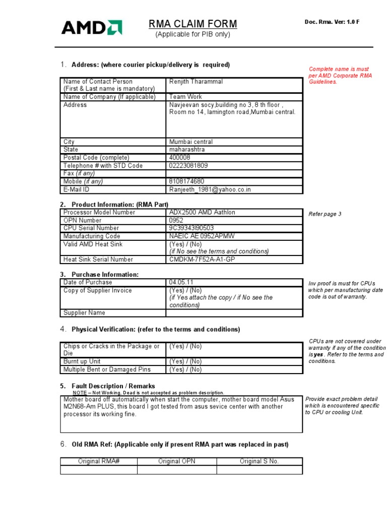 Consumer RMA Claim Form Ver1 0F | PDF | Advanced Micro Devices ...