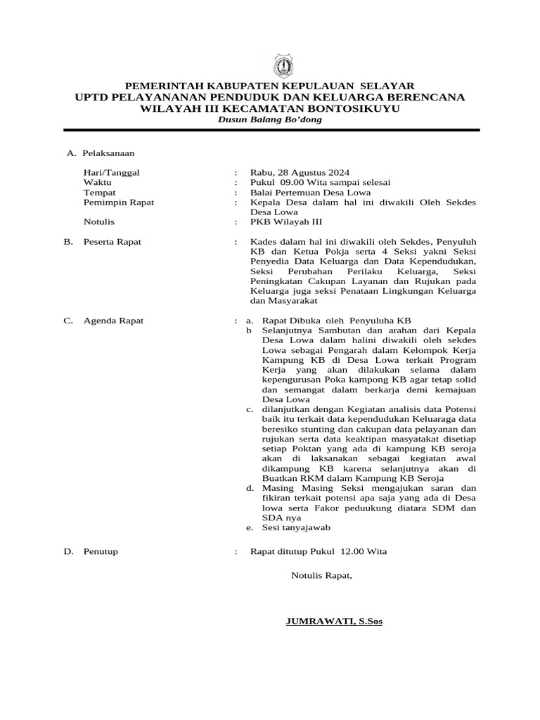 Notulen Rapat Kampung KB 1 | PDF