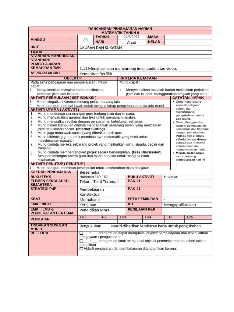 RPH Minggu 33 Matematik THN 6 2023 by Cikgu Gorgeous | PDF