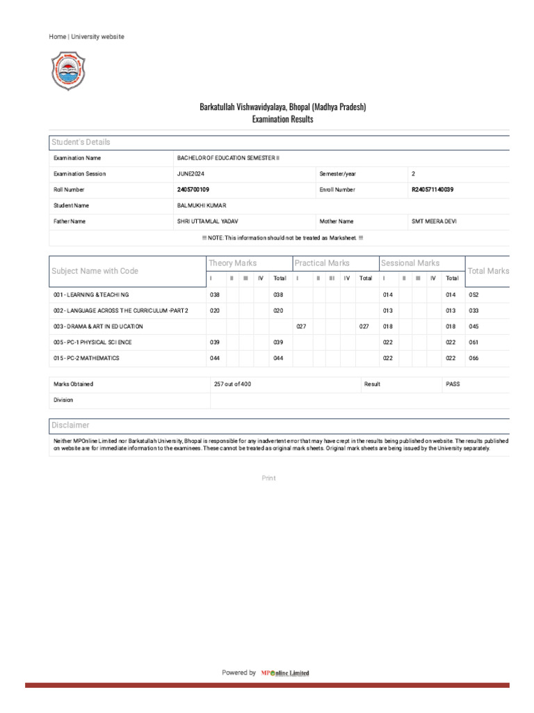Barkatullah University, Bhopal | PDF | Educational Stages | Qualifications