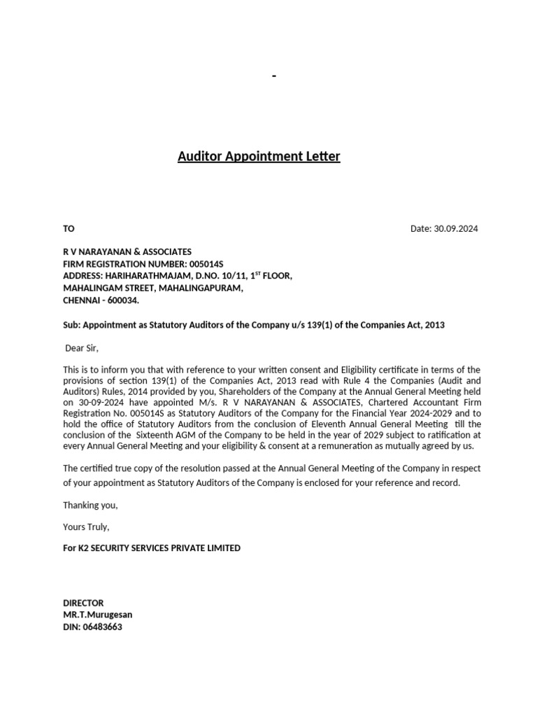 Auditor Appointment Letter at AGM | PDF