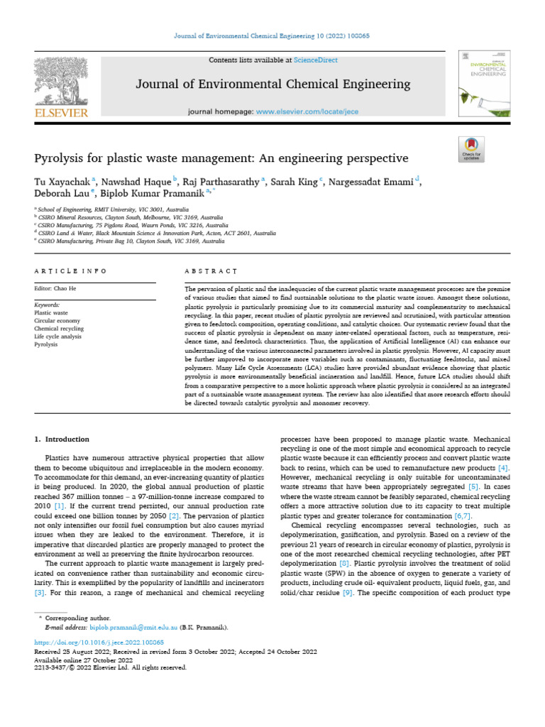 Pyrolysis for plastic waste management An engineering perspective | PDF | Pyrolysis | Plastic