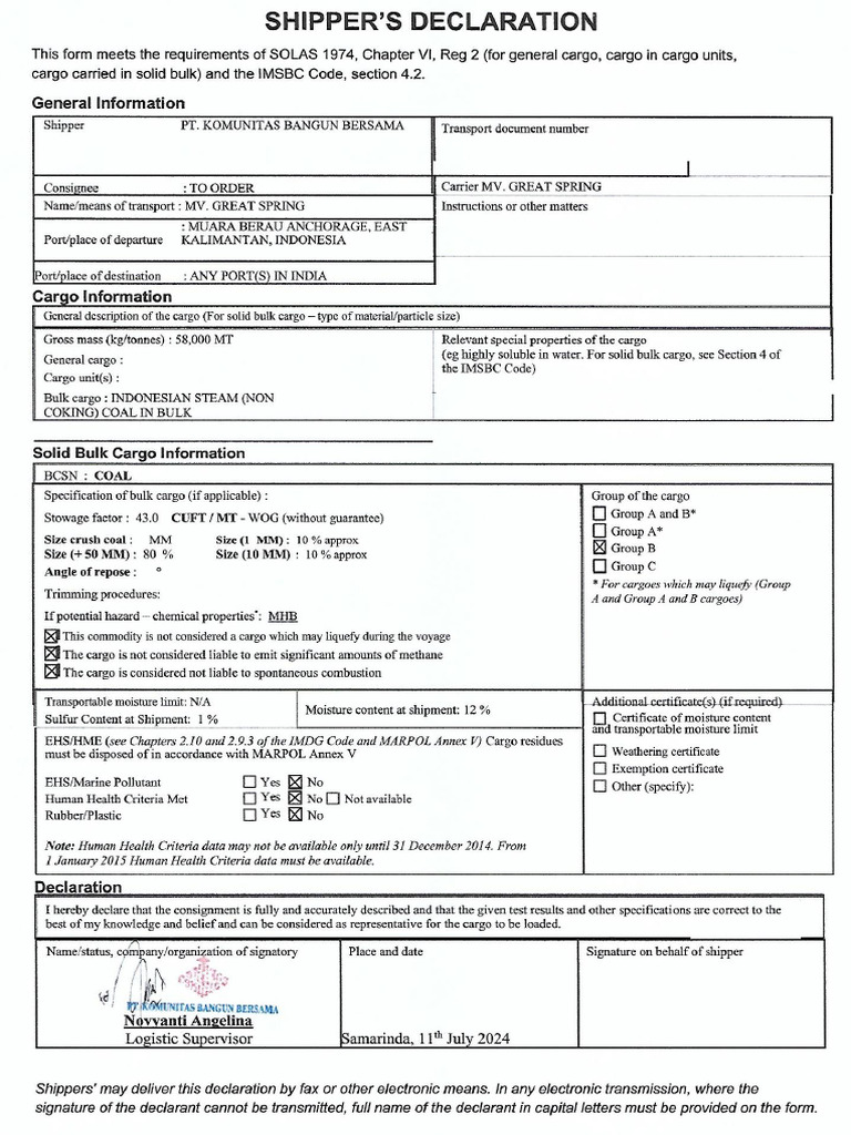 04 Shipper’s Declaration MV GREAT SPRING | PDF