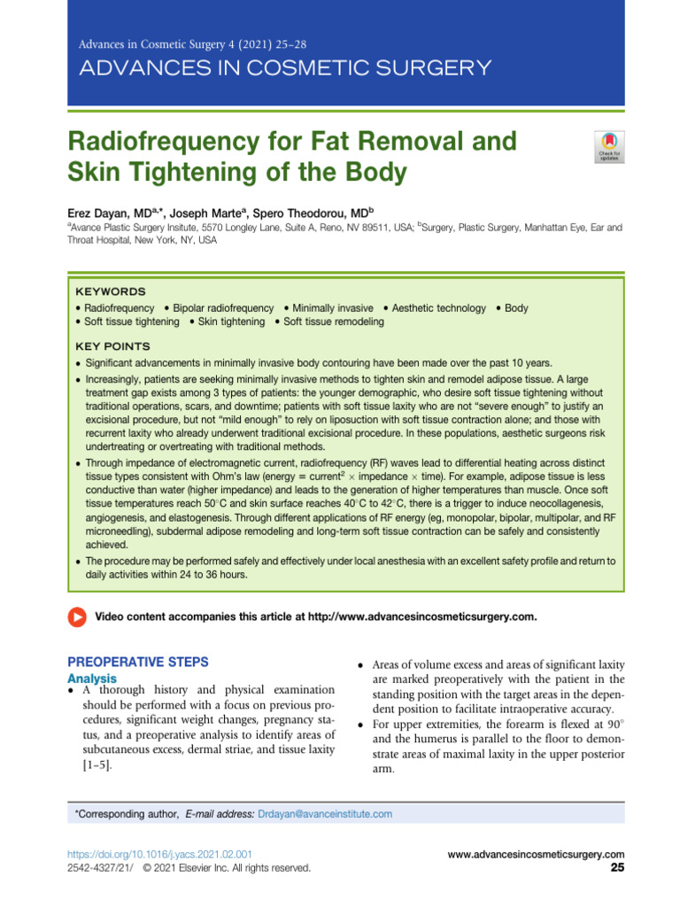 Radiofrequency for Body Contouring | PDF | Plastic Surgery | Medical ...