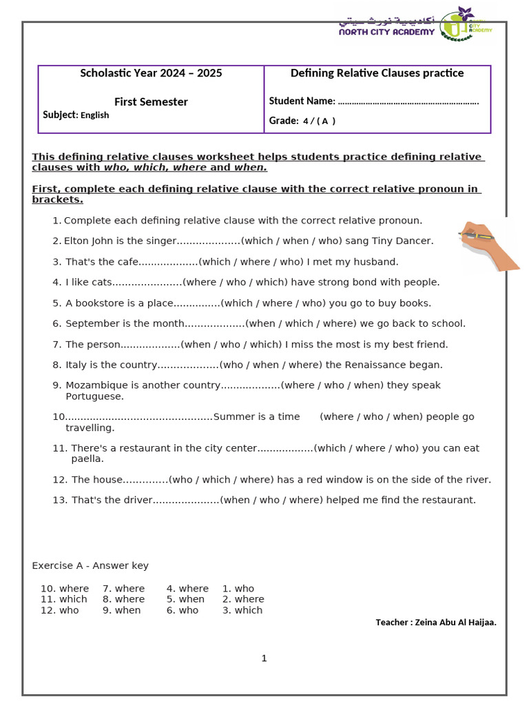 Defining Relative Clauses Practice | PDF
