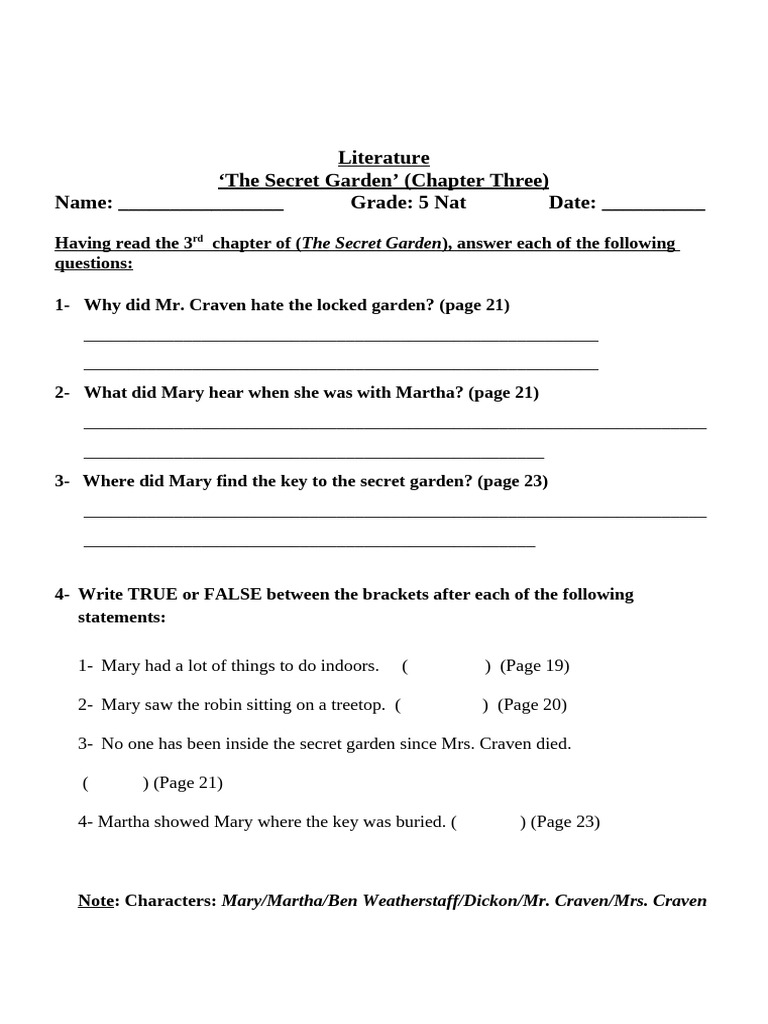 The Secret Garden Chapter 3 Quiz | PDF