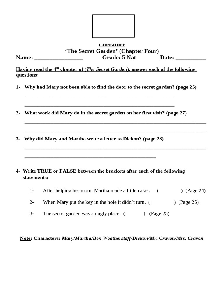 Secret Garden Chapter 4 Questions | PDF