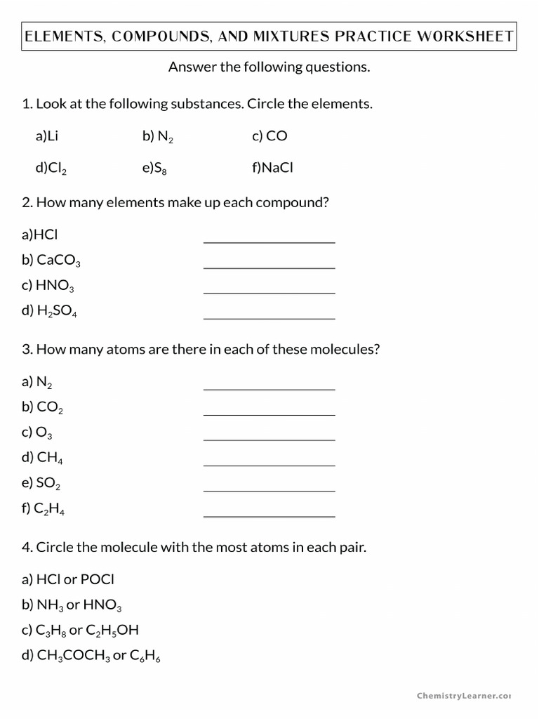 Elements-Compounds-and-Mixtures-Worksheet-with-Answers | PDF