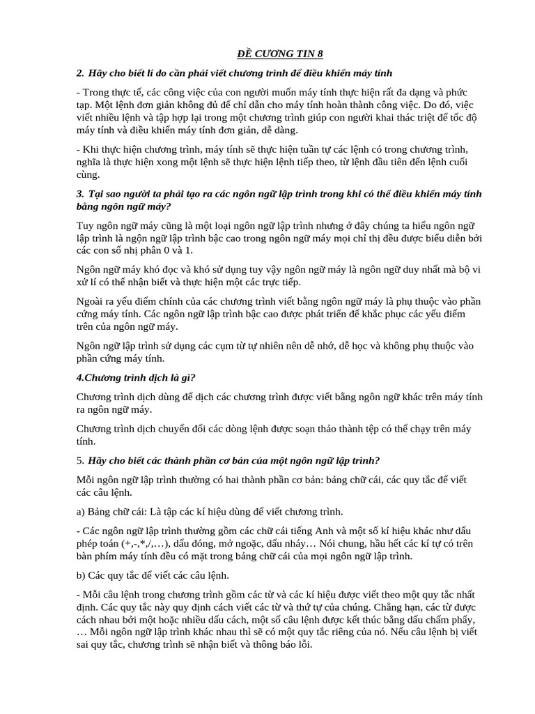 Đề cương tin HK1 lớp 8 | PDF