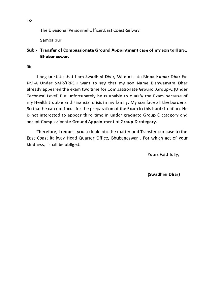 Sub:-Transfer of Compassionate Ground Appointment Case of My Son To ...