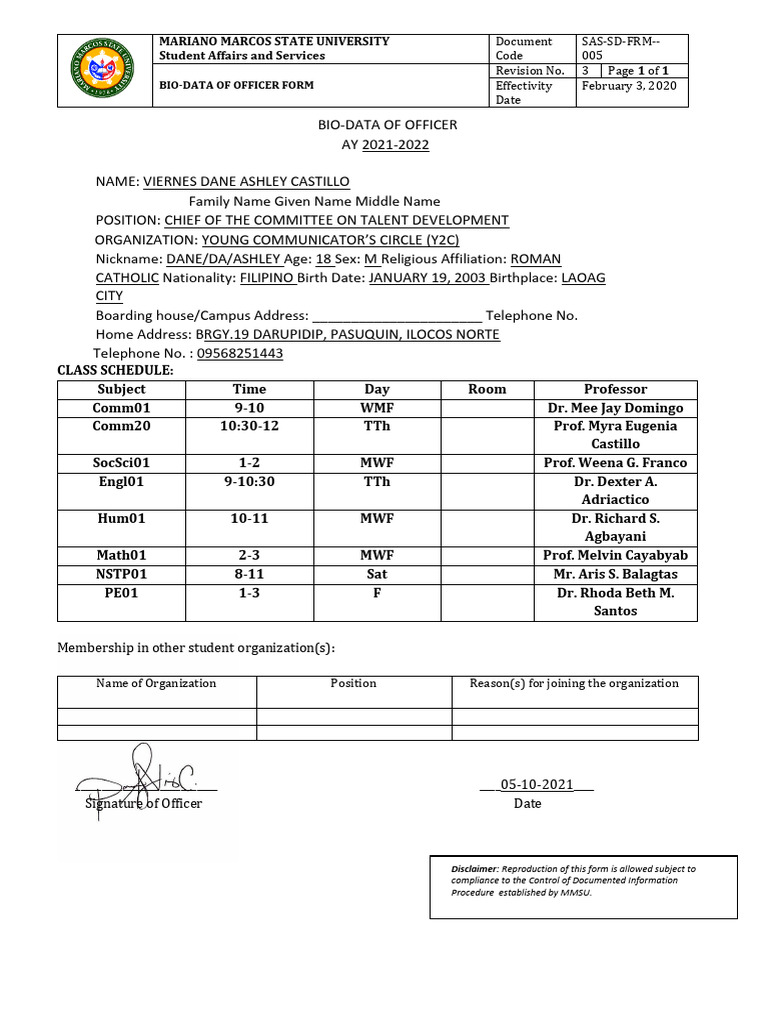 Viernes Osas Form 5 Bio Data of Officer Forms | PDF