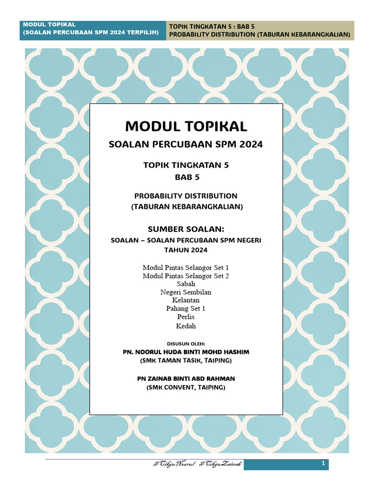 T5 BAB 5 PROBABILITY DISTRIBUTION(PSPM 2024) - SOALAN | PDF