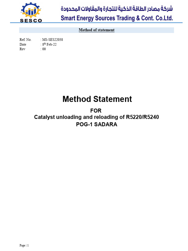 Method of Statement-SESCO - Replacement of Catalyst R5220-5240 - R0 | PDF | Valve | Clothes Dryer