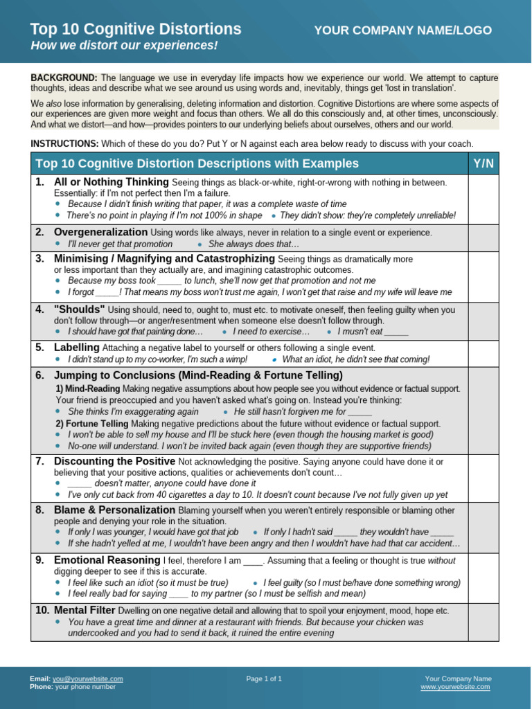 Top 10 Cognitive Distortions List - NEW | PDF | Thought | Behavioural ...