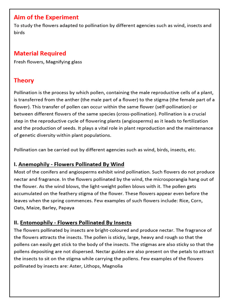 To Study The Flowers Adapted To Pollination by Different Agencies Such ...