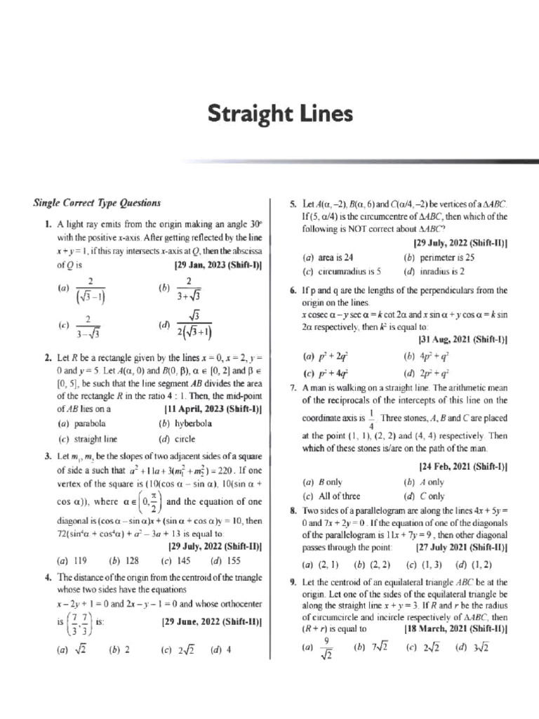 Jee Straight Line Test With Answer Key 2 | PDF | Triangle | Analytic ...