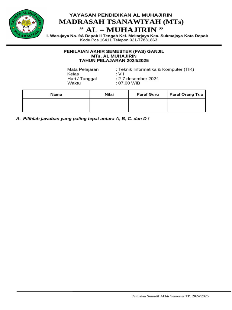Blanko Soal PAS Ganjil 2024-2025 TIK Kelas VII | PDF