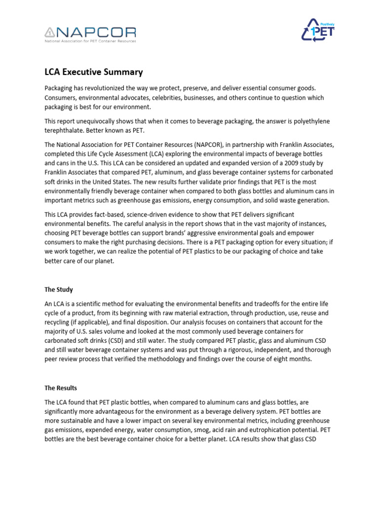 NAPCOR-37678 LCA Executive Summary 3.2.23 | PDF | Recycling | Plastic