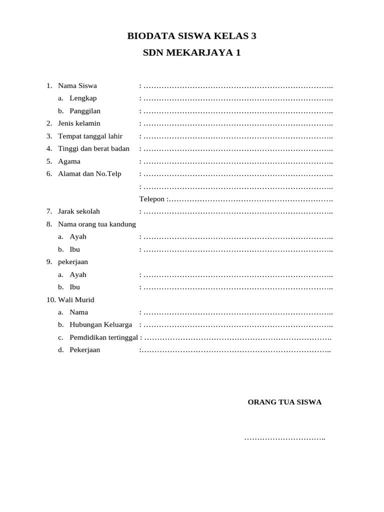 Biodata Siswa Kelas 3 | PDF