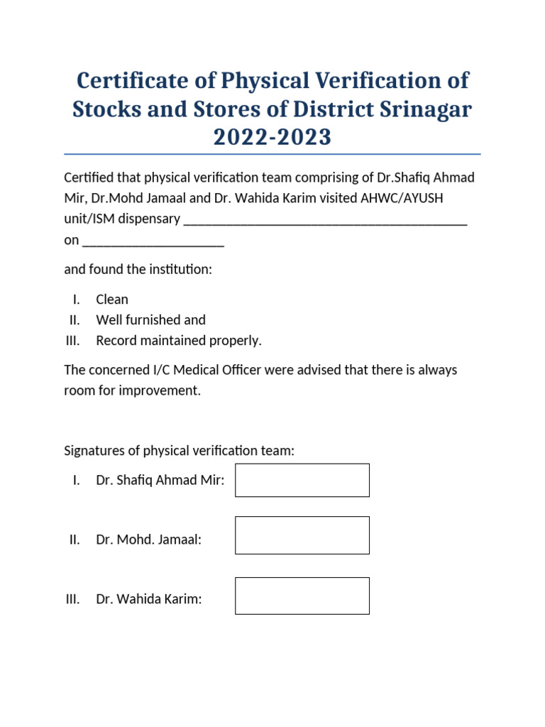 Certificate of Physical Verification of Stocks and Stores of District ...