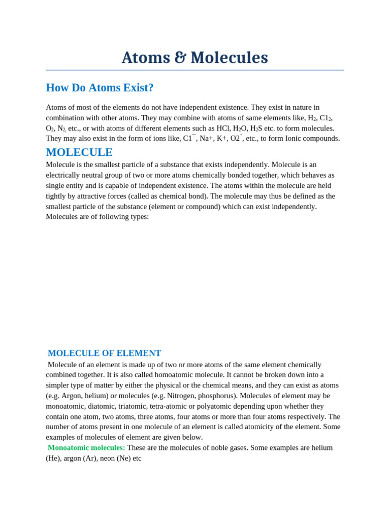 Atoms Molecules Pdf Mole Unit Ion