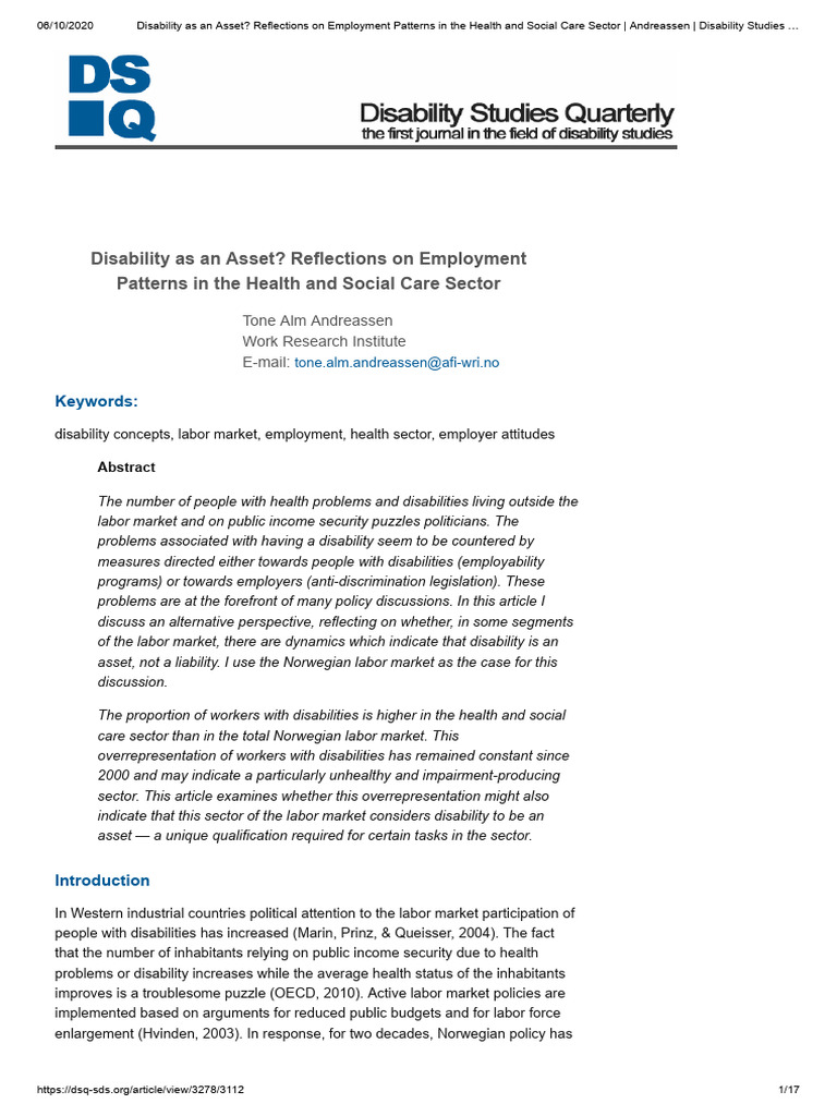 Disability As An Asset - Reflections On Employment Patterns in The ...
