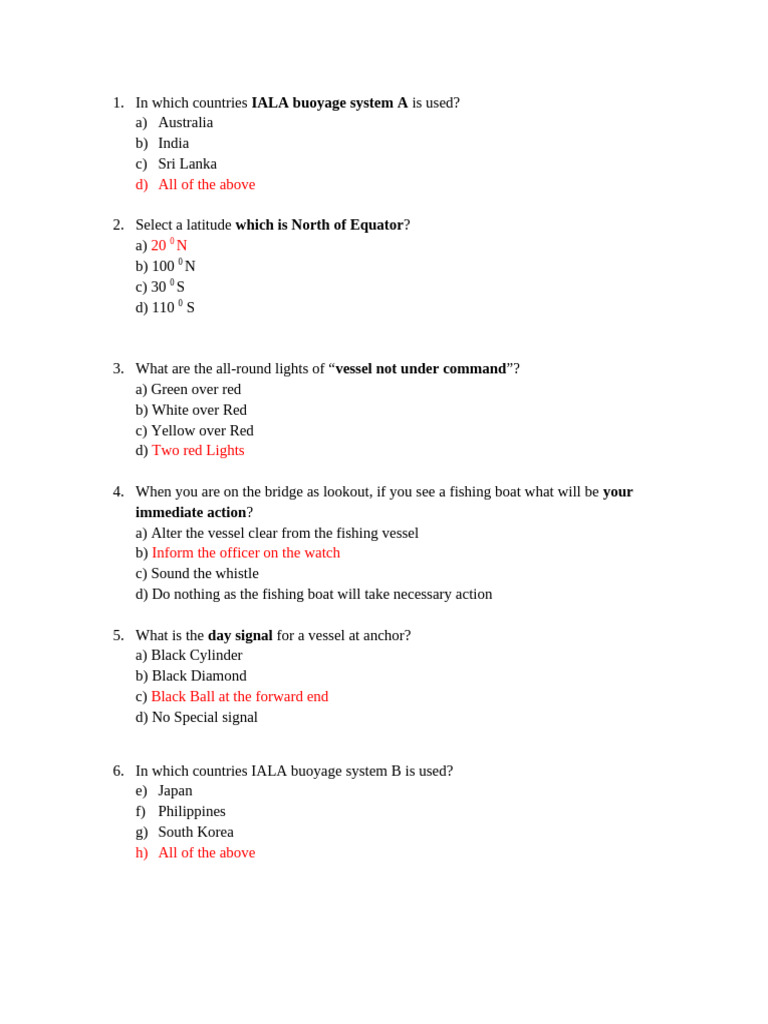 IALA Buoyage System Quiz Questions | PDF