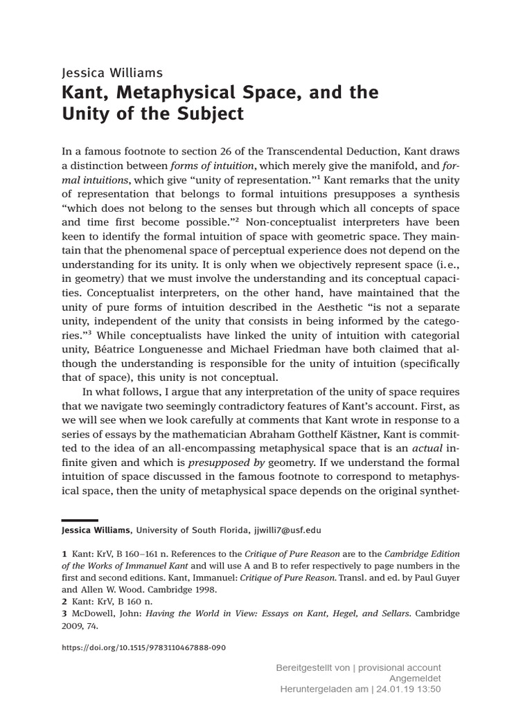 Kant Metaphysical Space and The Unity of | PDF | Immanuel Kant ...