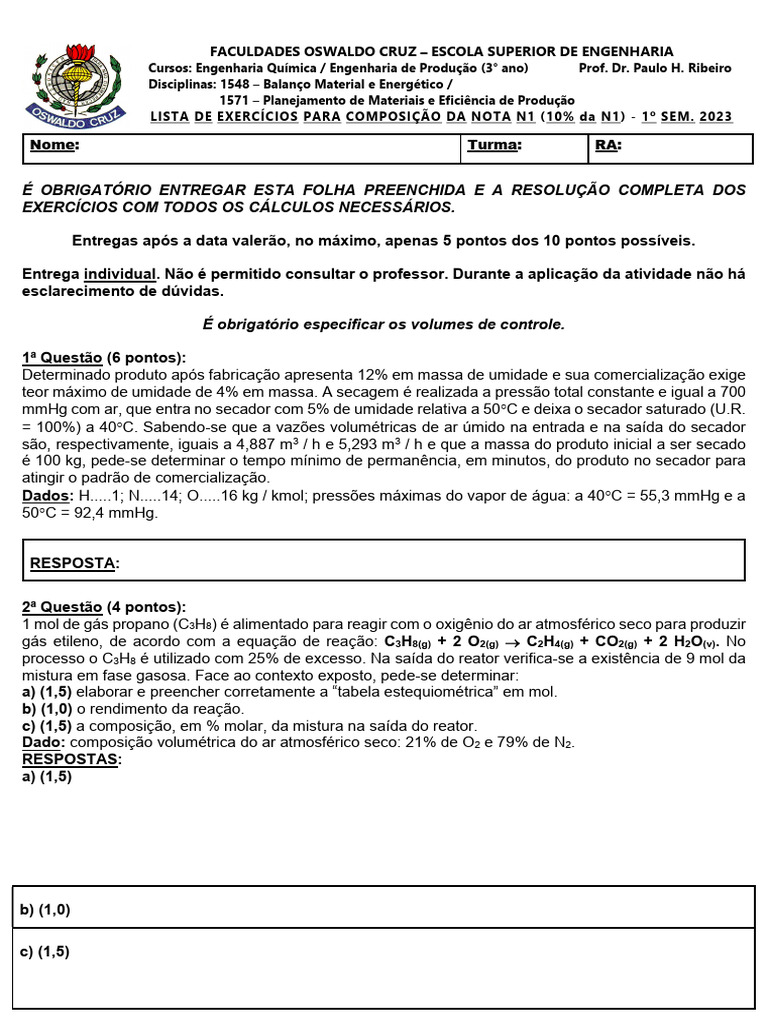 LISTA DE EXERCÍCIOS BME 1° SEM 2023 | PDF