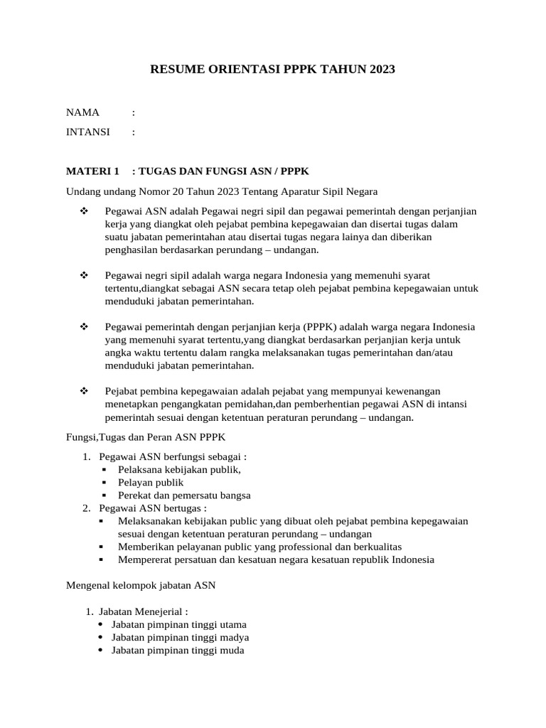 Resume Orientasi PPPK Tahun 2023 | PDF