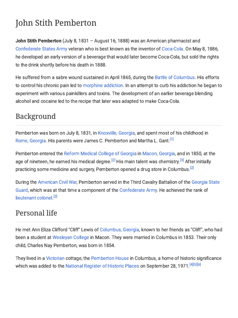 John Stith Pemberton - Wikipedia | PDF | Coca Cola