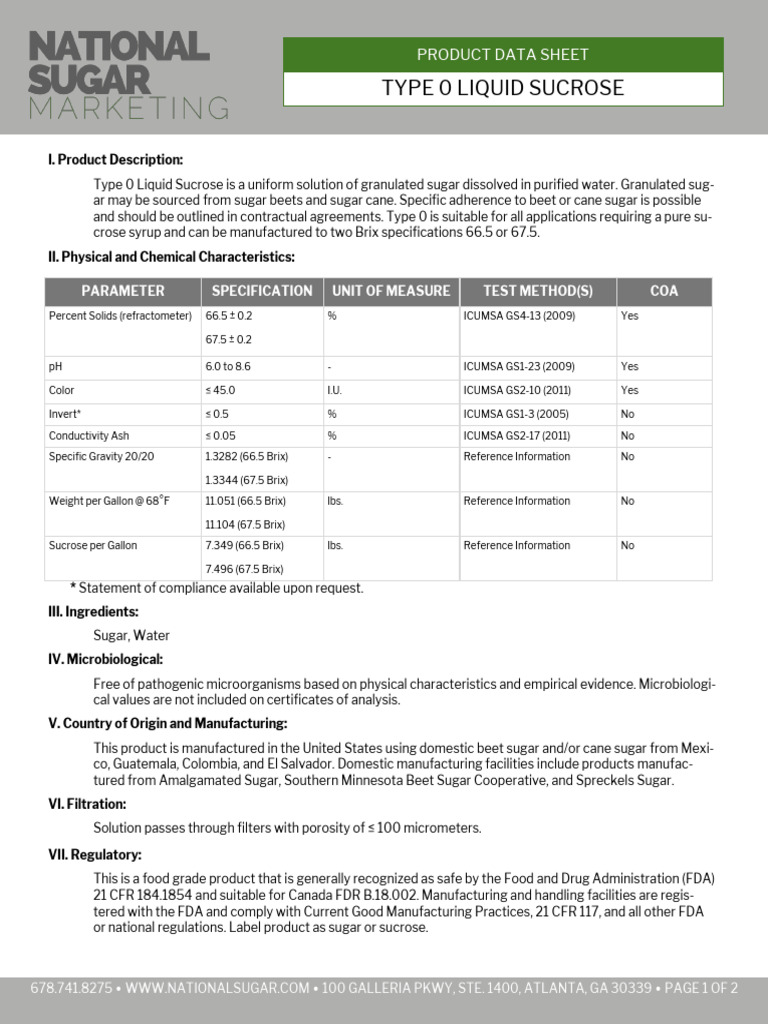 PDS-00-Type 0 Liquid Sucrose | PDF | Sucrose | Sugar