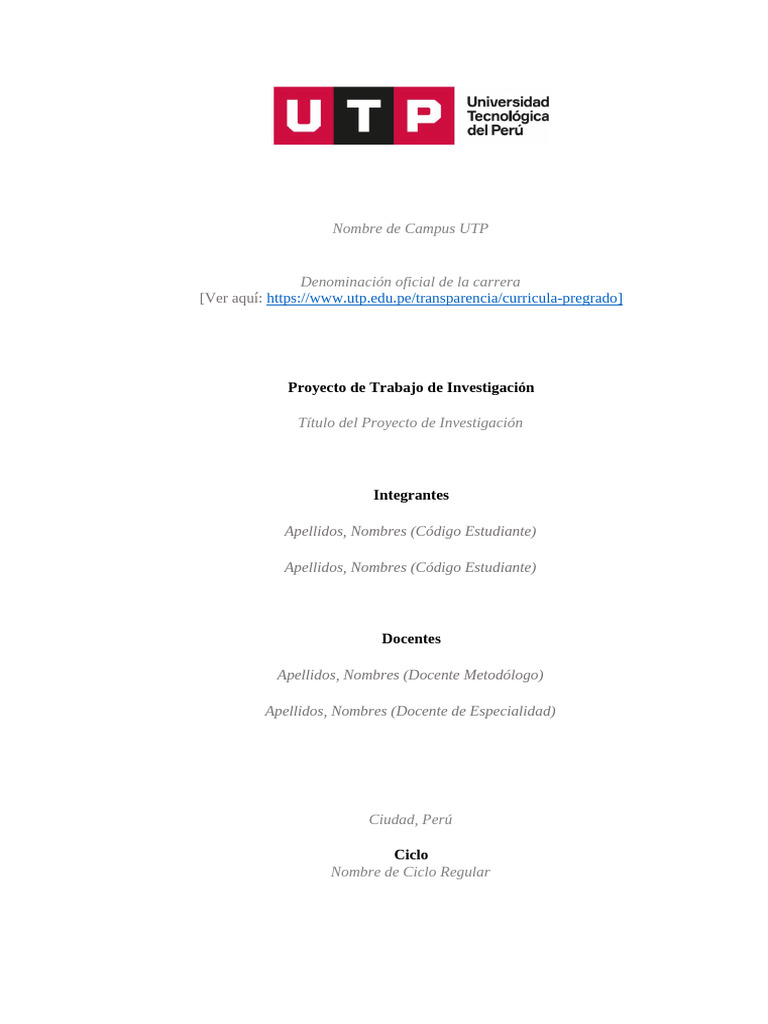 1+PLANTILLA+PROYECTO+DE+TRABAJO+DE+INVESTIGACIÓN Revisión TNR | PDF ...