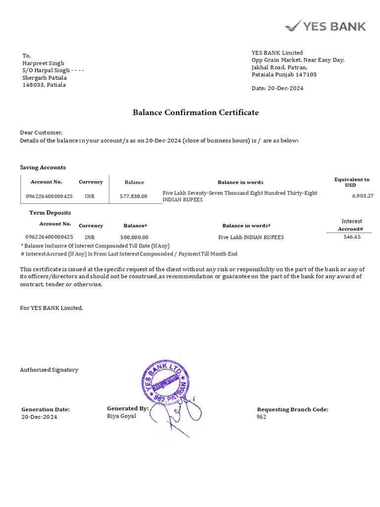 YES BANK FD LETTER | PDF | Economies | Foreign Exchange Market