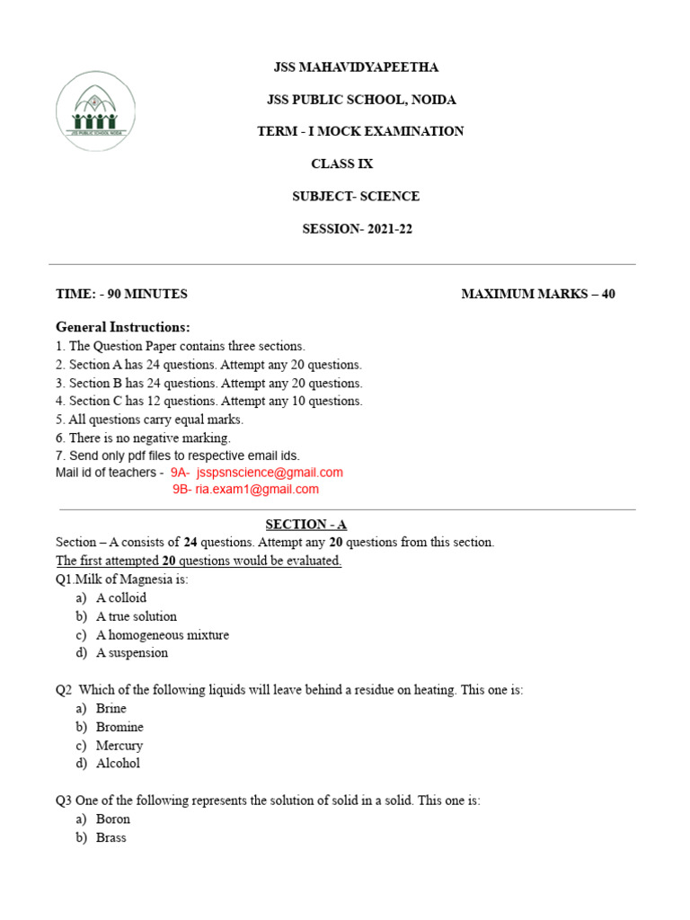 CLASS 9 TERM1 SCIENCE MOCK1 (3) (1) | PDF | Connective Tissue | Epithelium