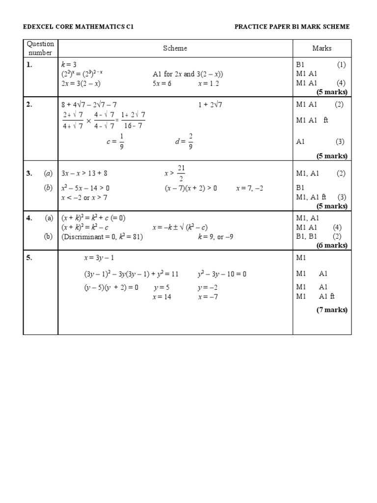 C1 Practice Paper B1 Mark Scheme | PDF