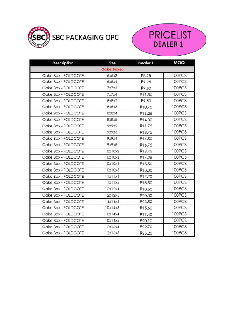 SBC Packaging Price List for Cake Boxes | PDF | Cupcake | Cuisine