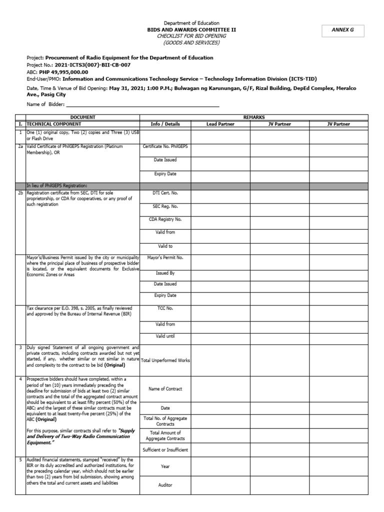 Annex G Checklist for Bid Opening | PDF | Notary Public | Specification ...