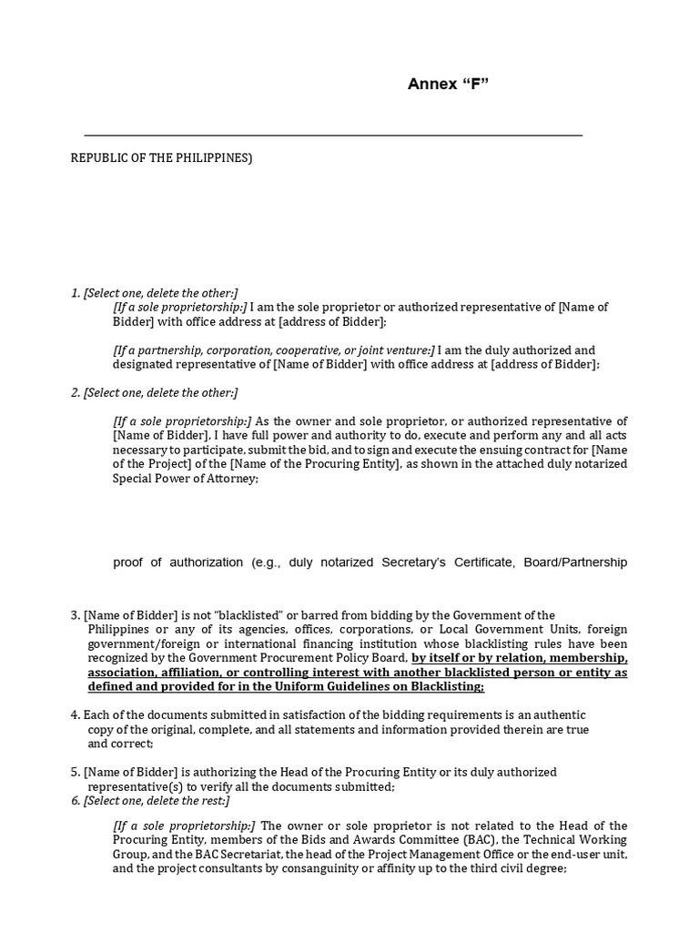 Annex F Omnibus Sworn Statement | PDF | Affidavit | Sole Proprietorship