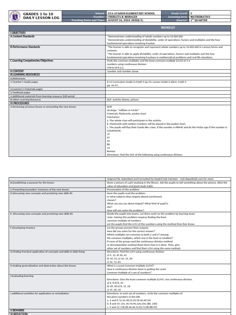 DLL Mathematics-5 Q1 W5-1 | PDF | Learning | Differentiated Instruction