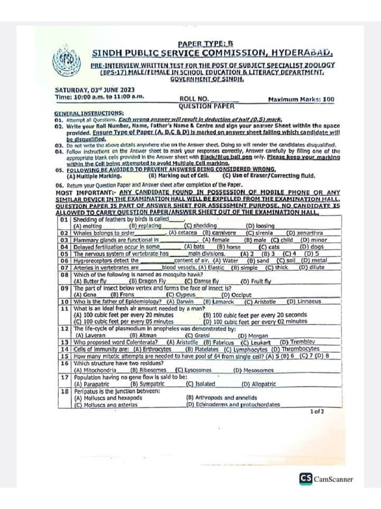 Zoology SPSC Past Papers | PDF