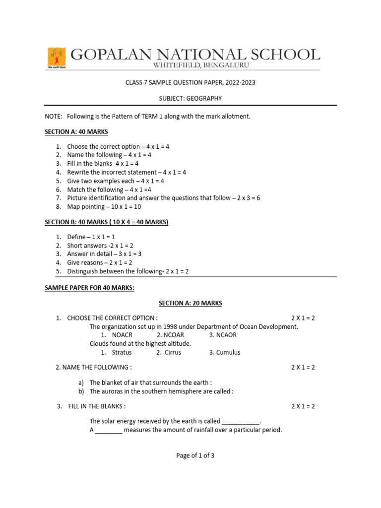 Class 7 Geography Sample Paper 2022-23 | PDF | Atmosphere Of Earth | Cloud