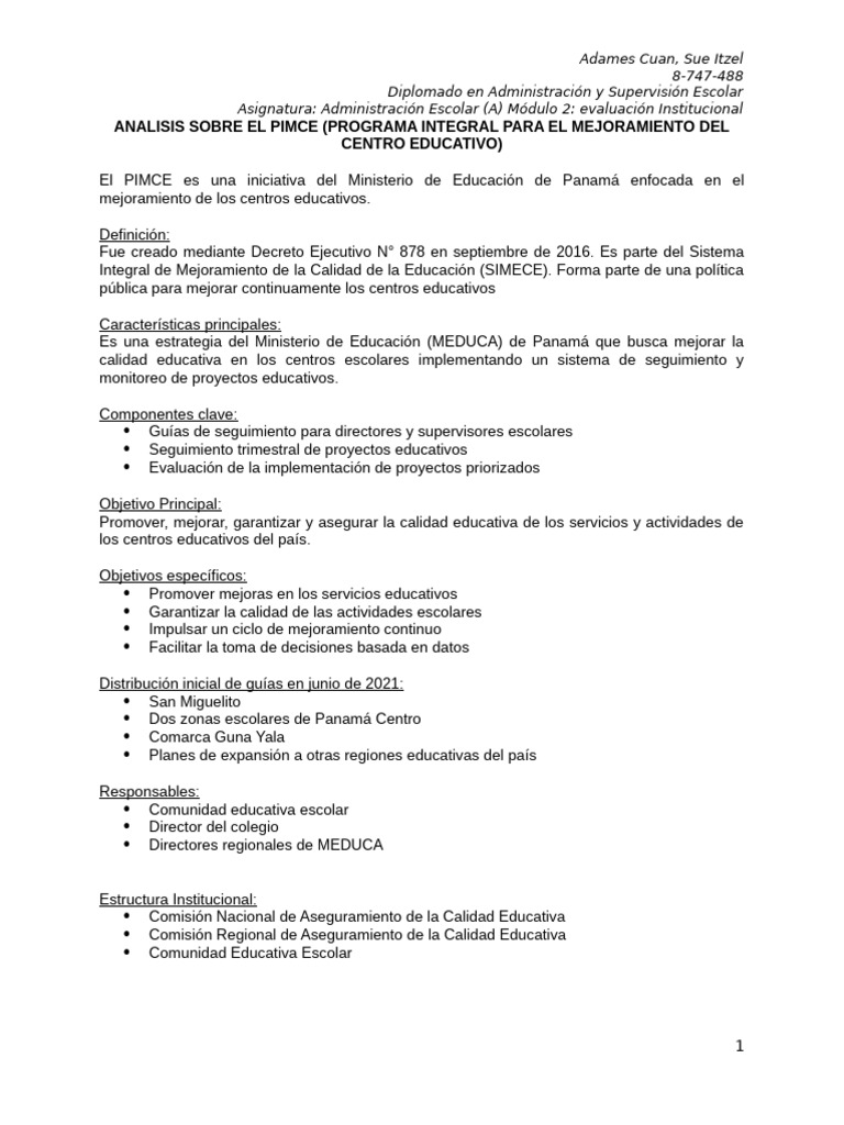 Analisis Sobre El Pimce | PDF | Evaluación