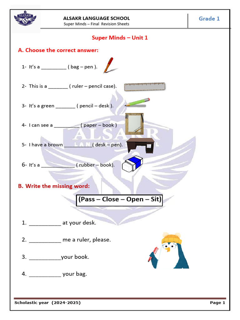 gr1 Final Revision Sheets Super Minds | PDF