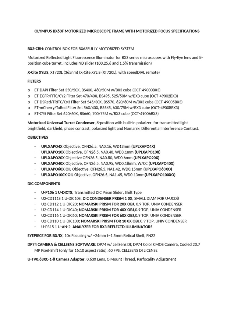 Olympus BX63 Motorized Microscope Specs | PDF