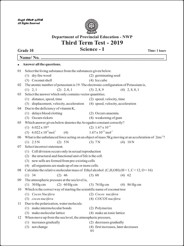 Grade 10 Science Test Questions | PDF